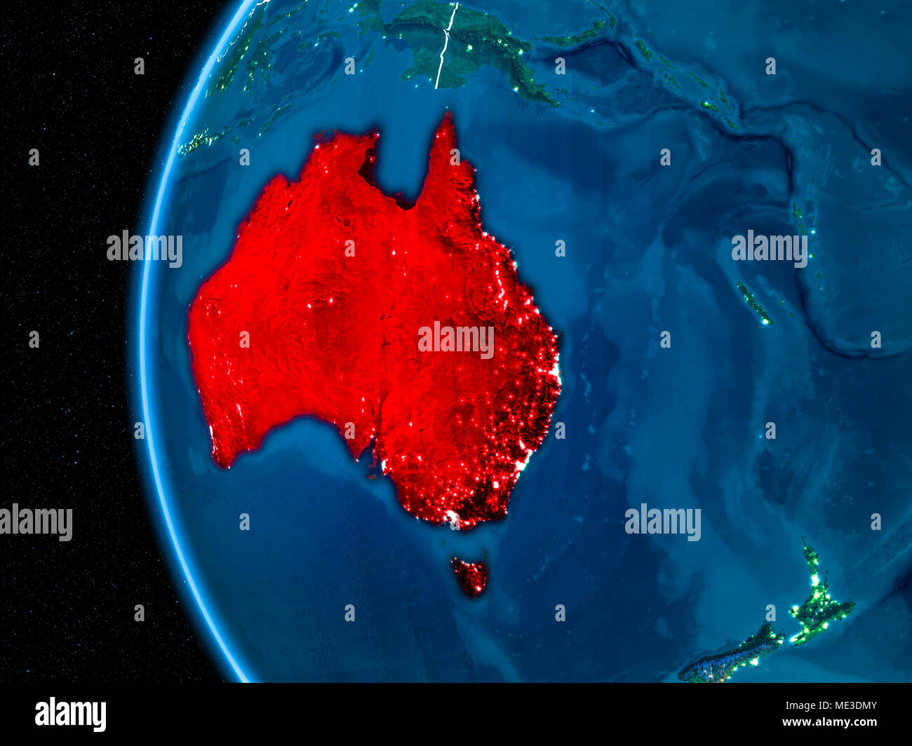 Space orbit view of Australia highlighted in red on planet Earth at ...