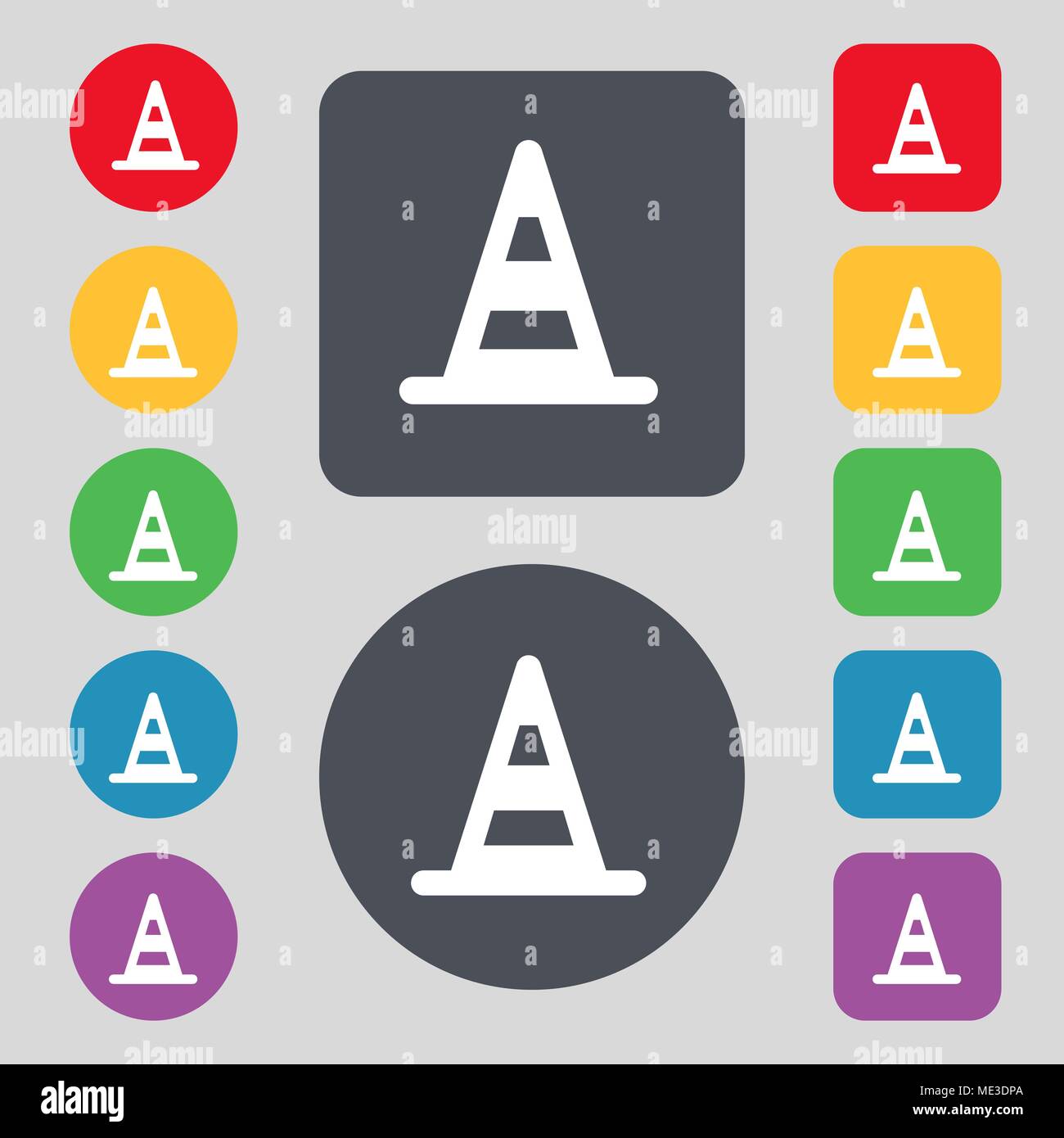 road cone icon sign. A set of 12 colored buttons. Flat design. Vector ...
