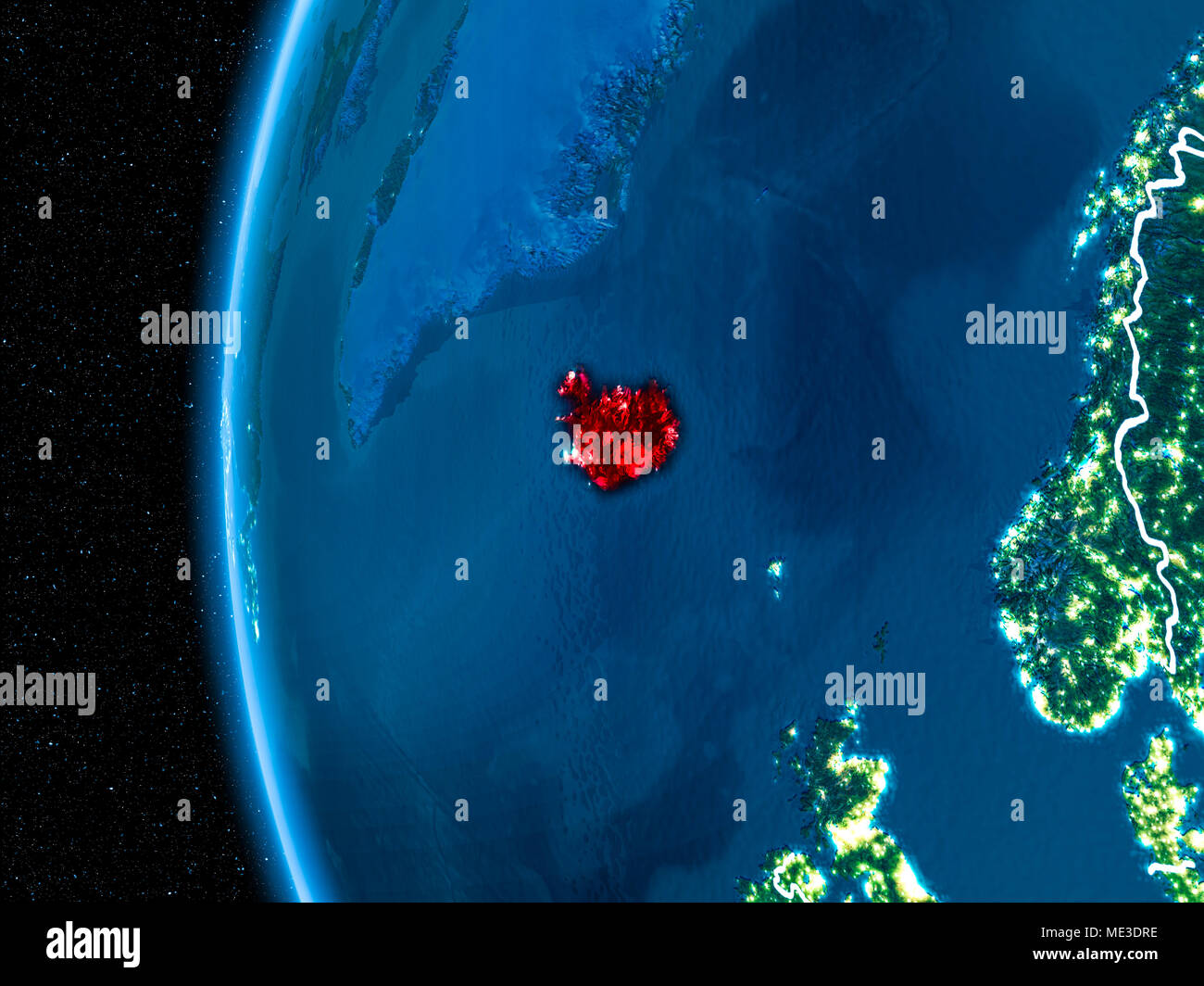 Space orbit view of Iceland highlighted in red on planet Earth at night with visible country ...