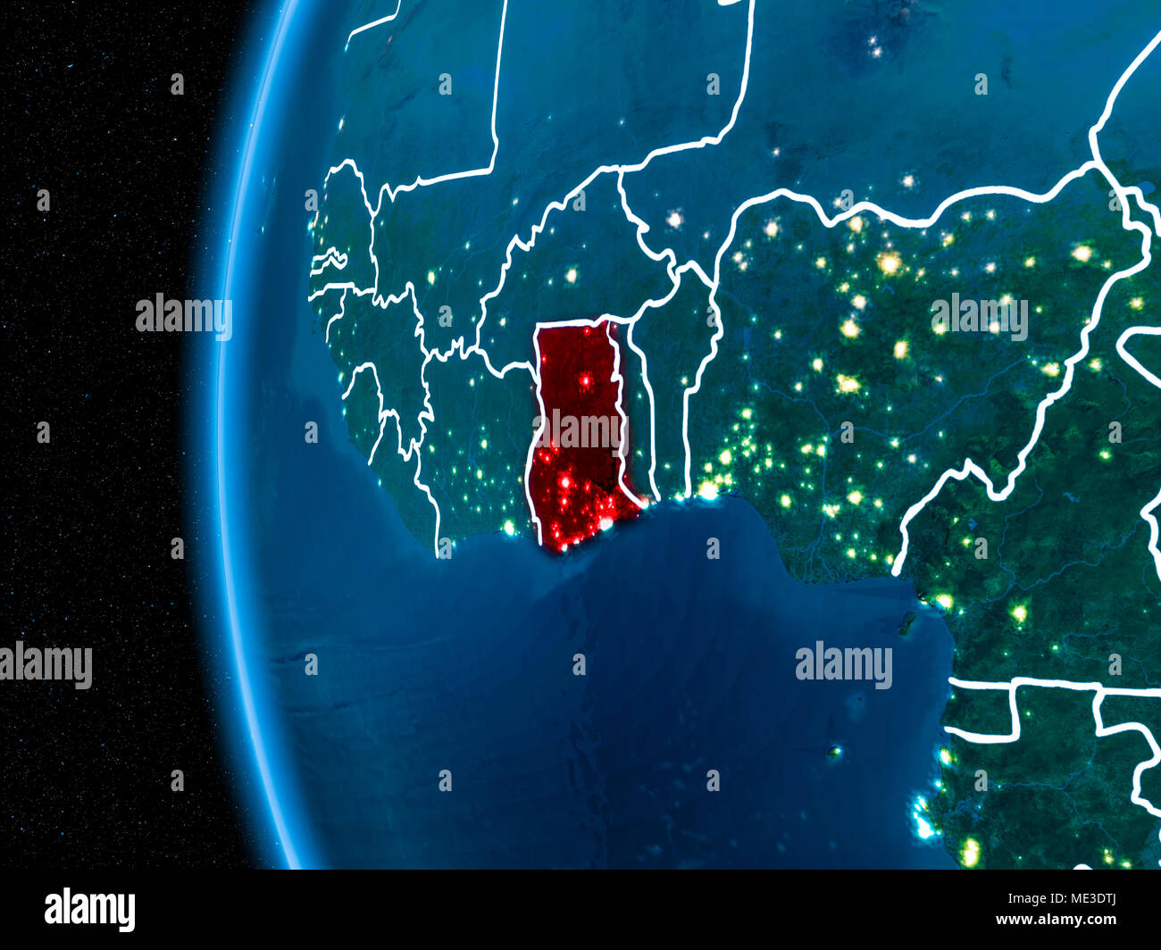 Space orbit view of Ghana highlighted in red on planet Earth at night ...