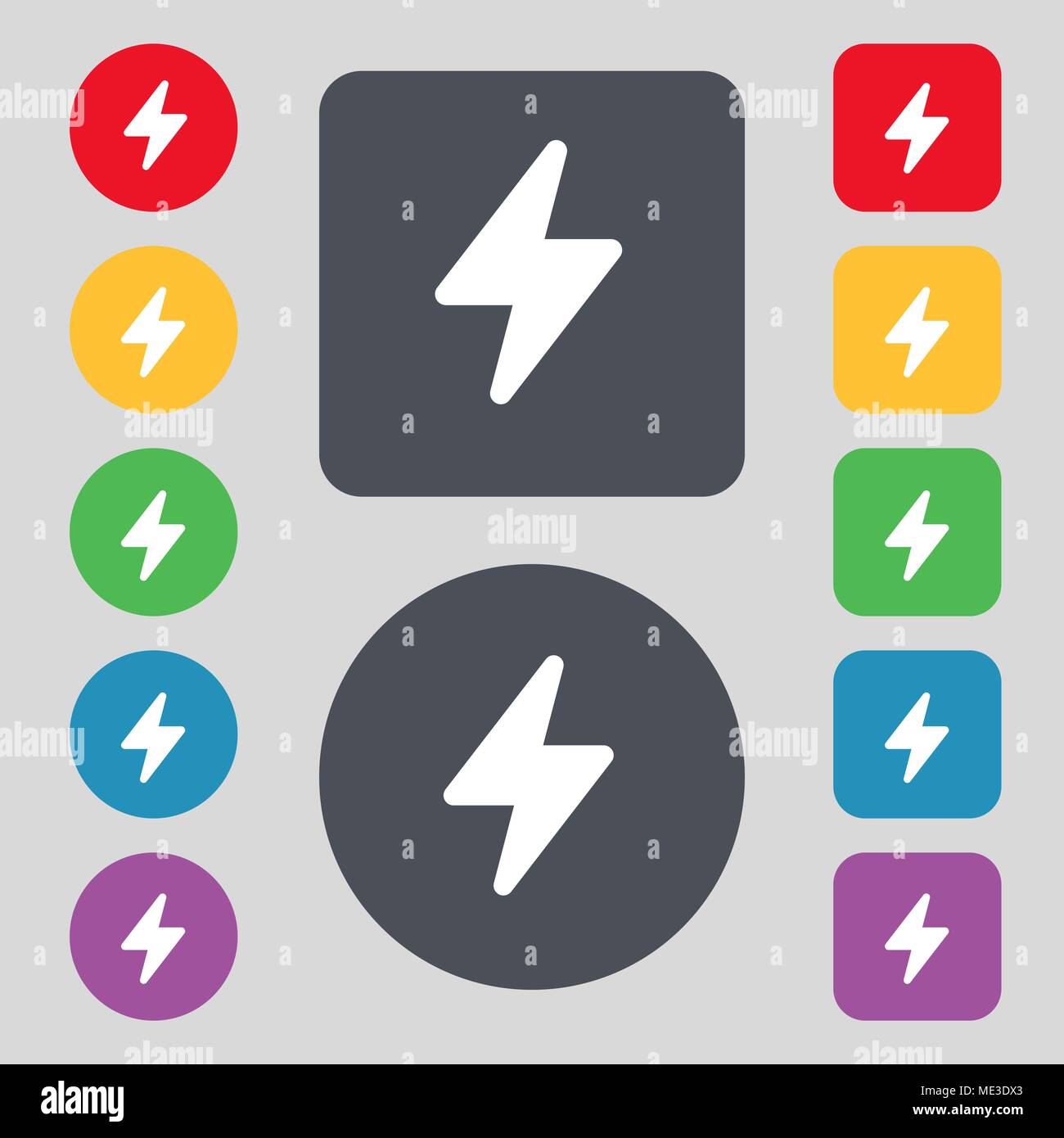 Photo flash icon sign. A set of 12 colored buttons. Flat design. Vector ...