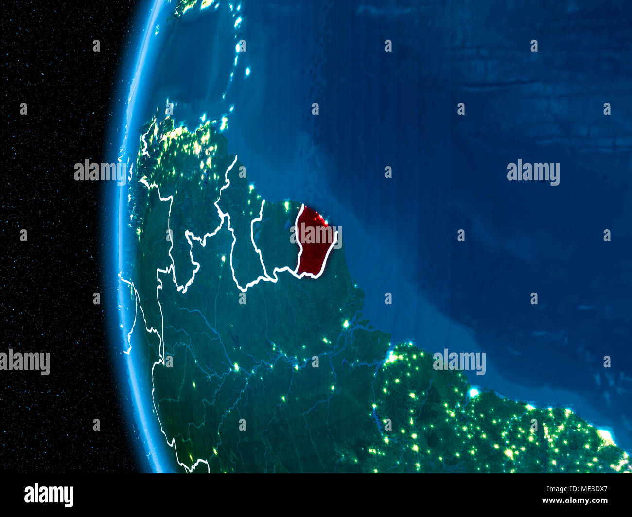 Space orbit view of French Guiana highlighted in red on planet Earth at night with visible ...