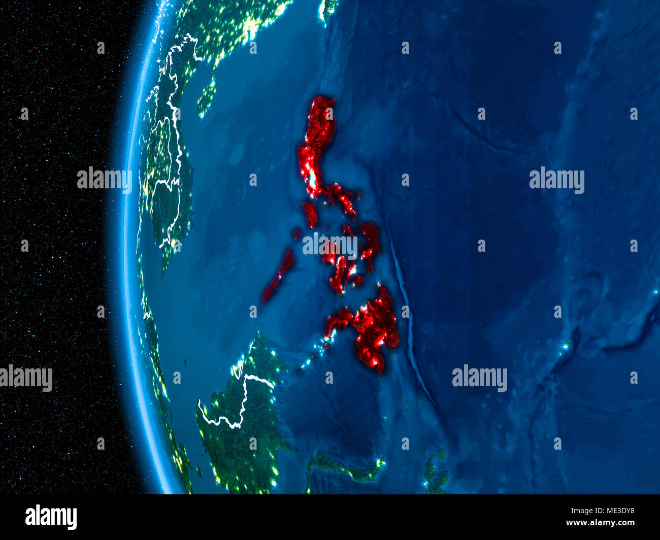 Space orbit view of Philippines highlighted in red on planet Earth at ...