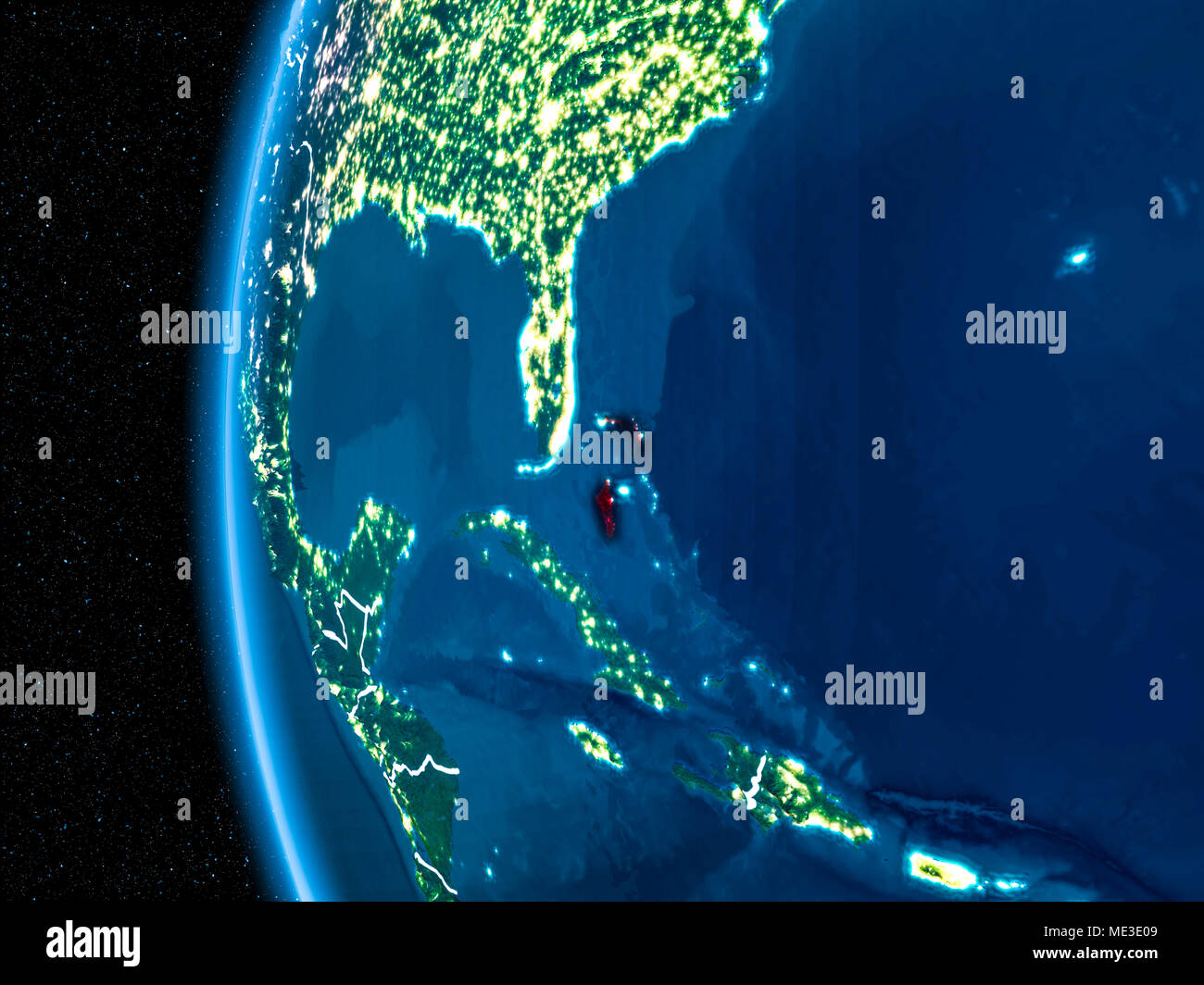 Space orbit view of Bahamas highlighted in red on planet Earth at night ...