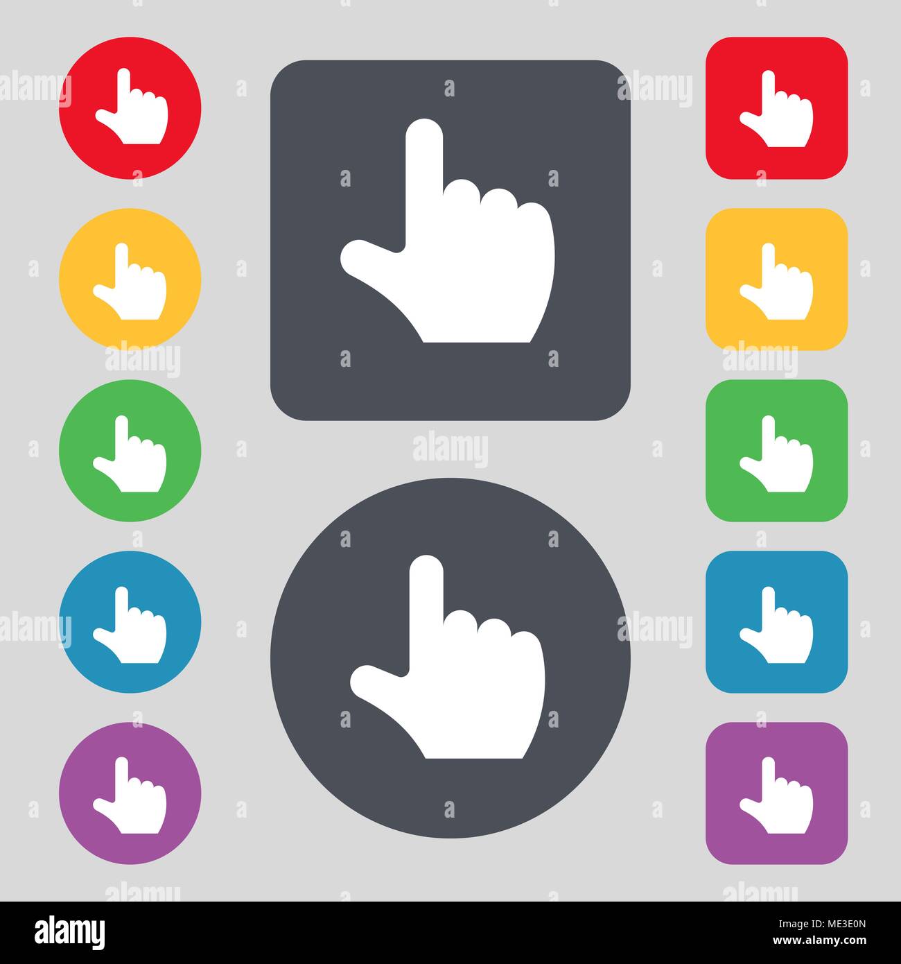 pointing hand icon sign. A set of 12 colored buttons. Flat design ...