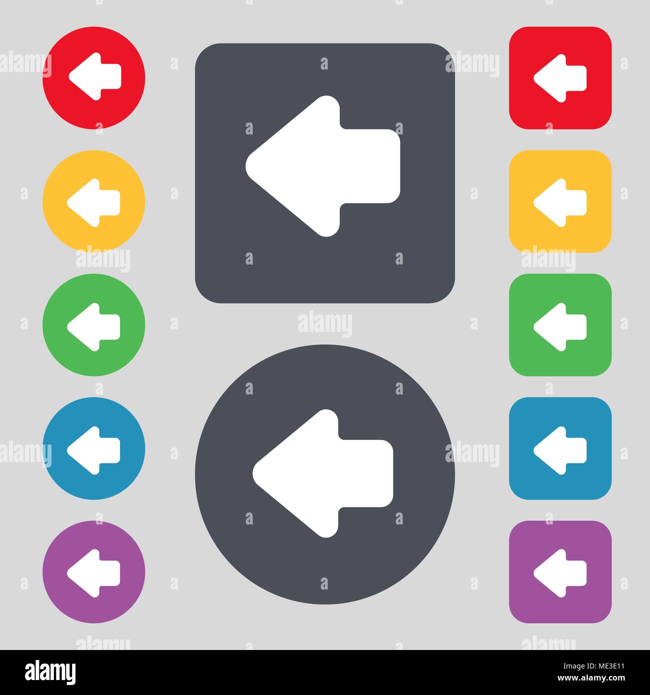 Arrow left, Way out icon sign. A set of 12 colored buttons. Flat design ...
