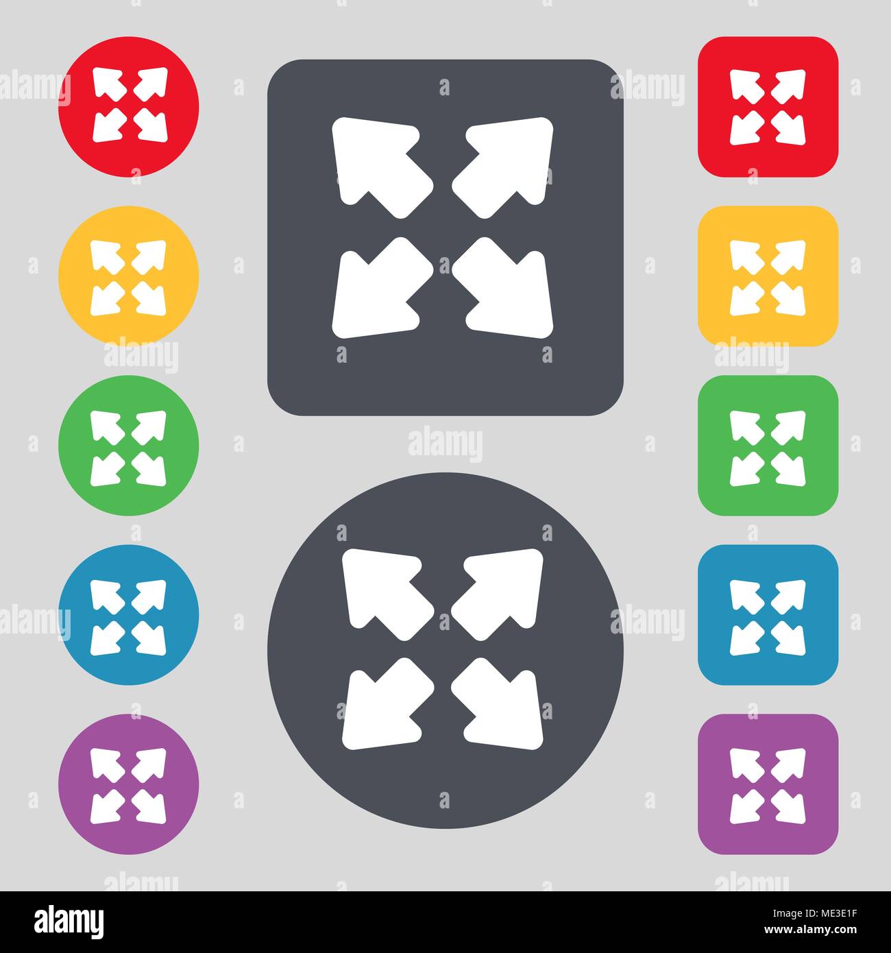 Deploying video, screen size icon sign. A set of 12 colored buttons. Flat design. Vector ...