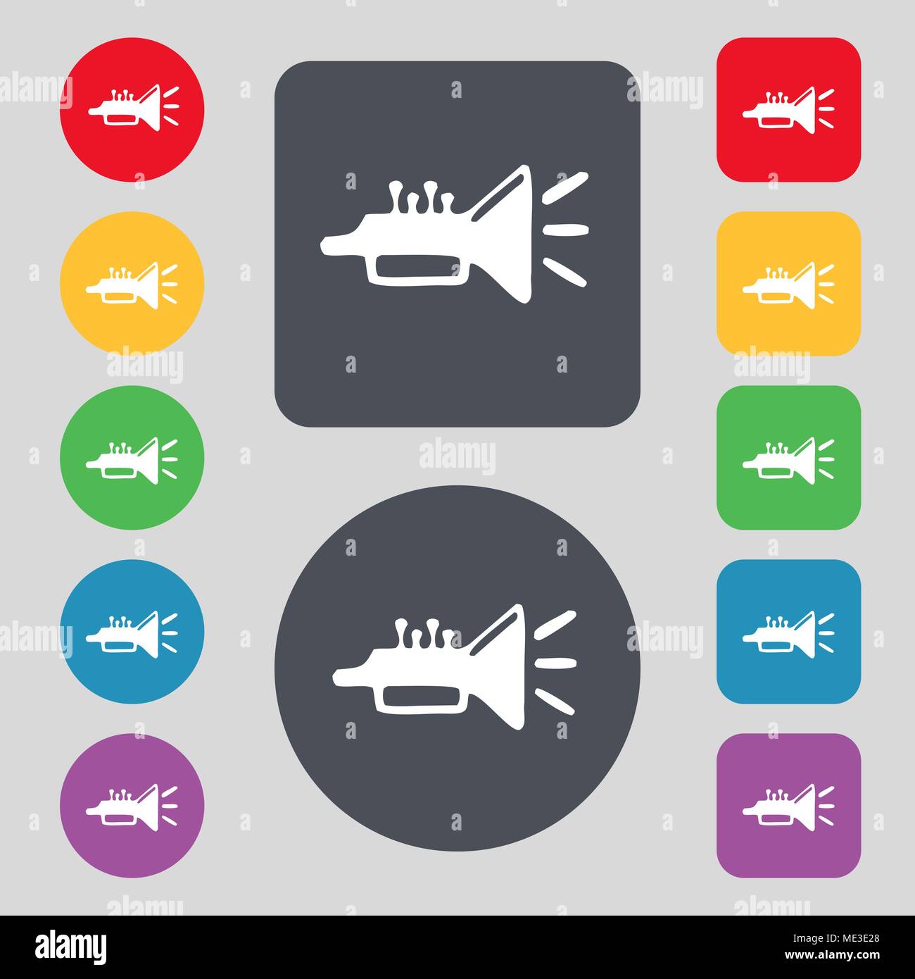 trumpet, brass instrument icon sign. A set of 12 colored buttons. Flat ...
