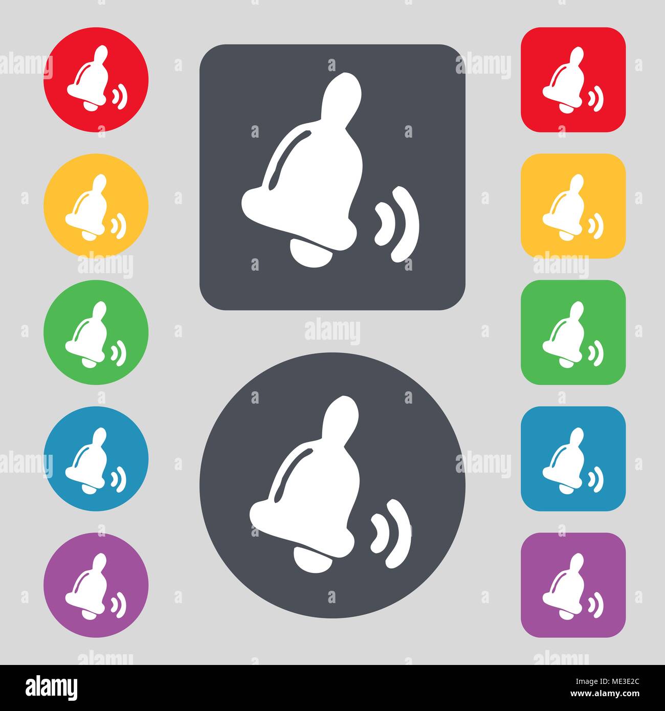Bell icon sign. A set of 12 colored buttons. Flat design. Vector ...