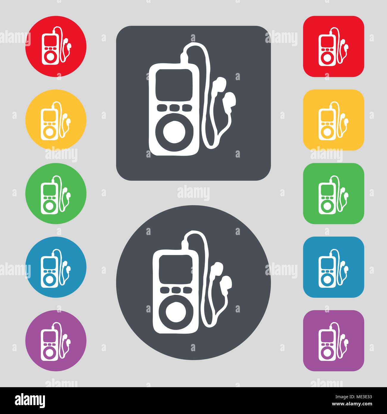 MP3 player, headphones, music icon sign. A set of 12 colored buttons ...