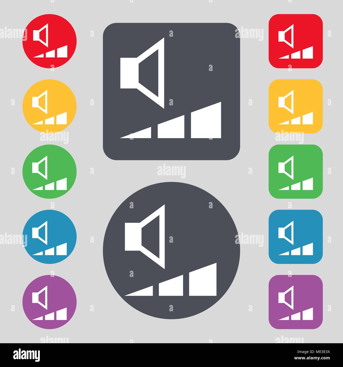 volume, sound icon sign. A set of 12 colored buttons. Flat design ...