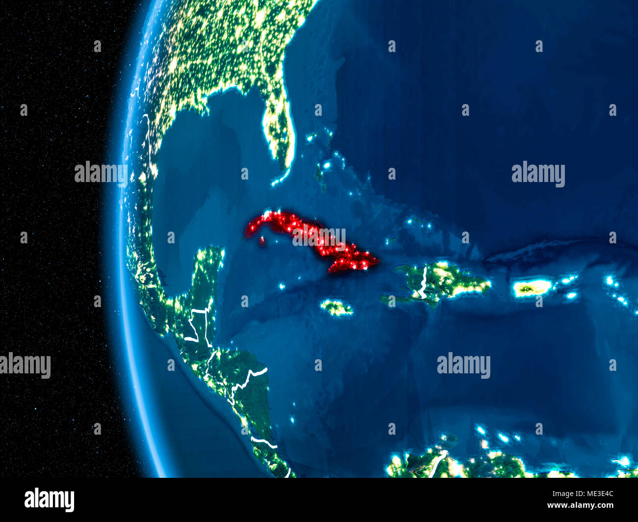Space orbit view of Cuba highlighted in red on planet Earth at night with visible country ...