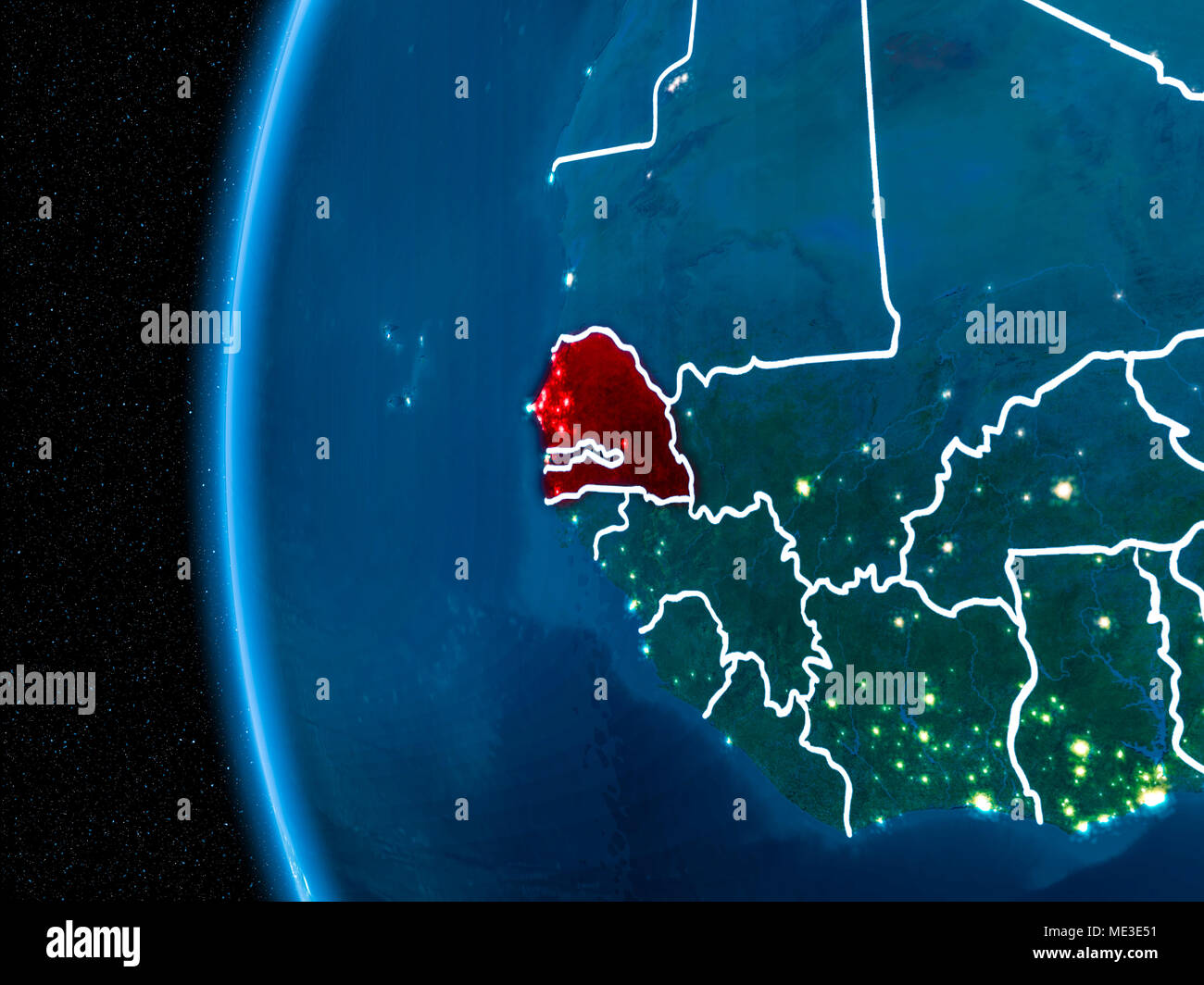 Space orbit view of Senegal highlighted in red on planet Earth at night ...