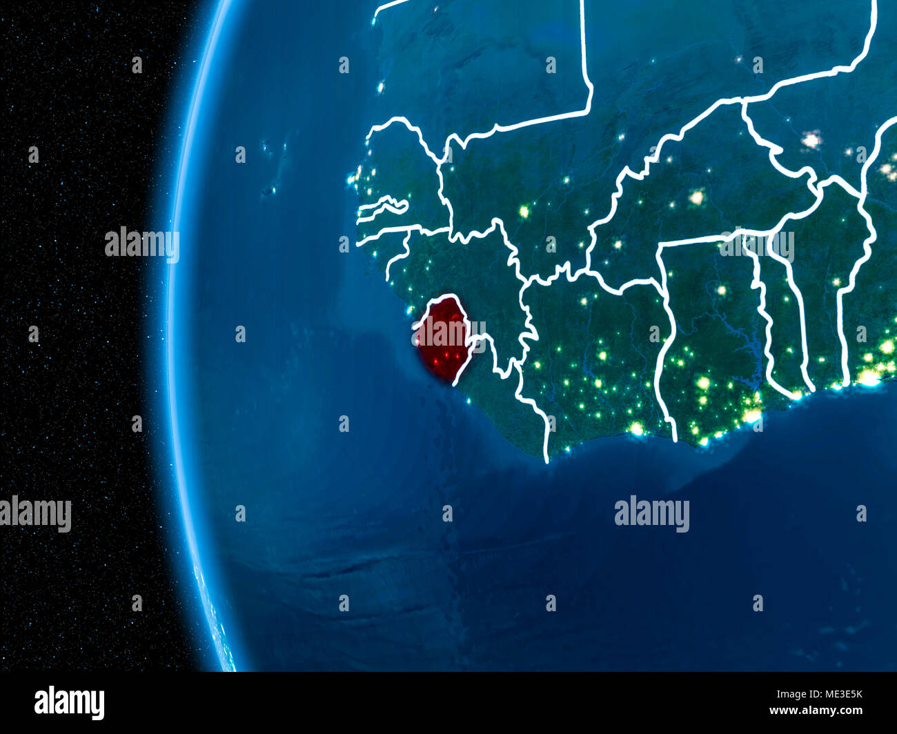 Space orbit view of Sierra Leone highlighted in red on planet Earth at night with visible ...