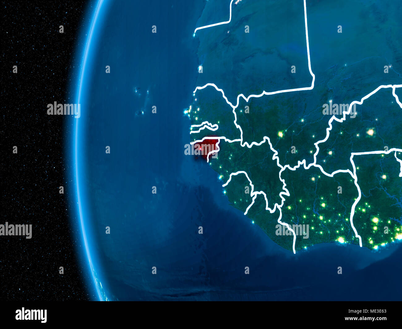 Space orbit view of Guinea-Bissau highlighted in red on planet Earth at night with visible ...