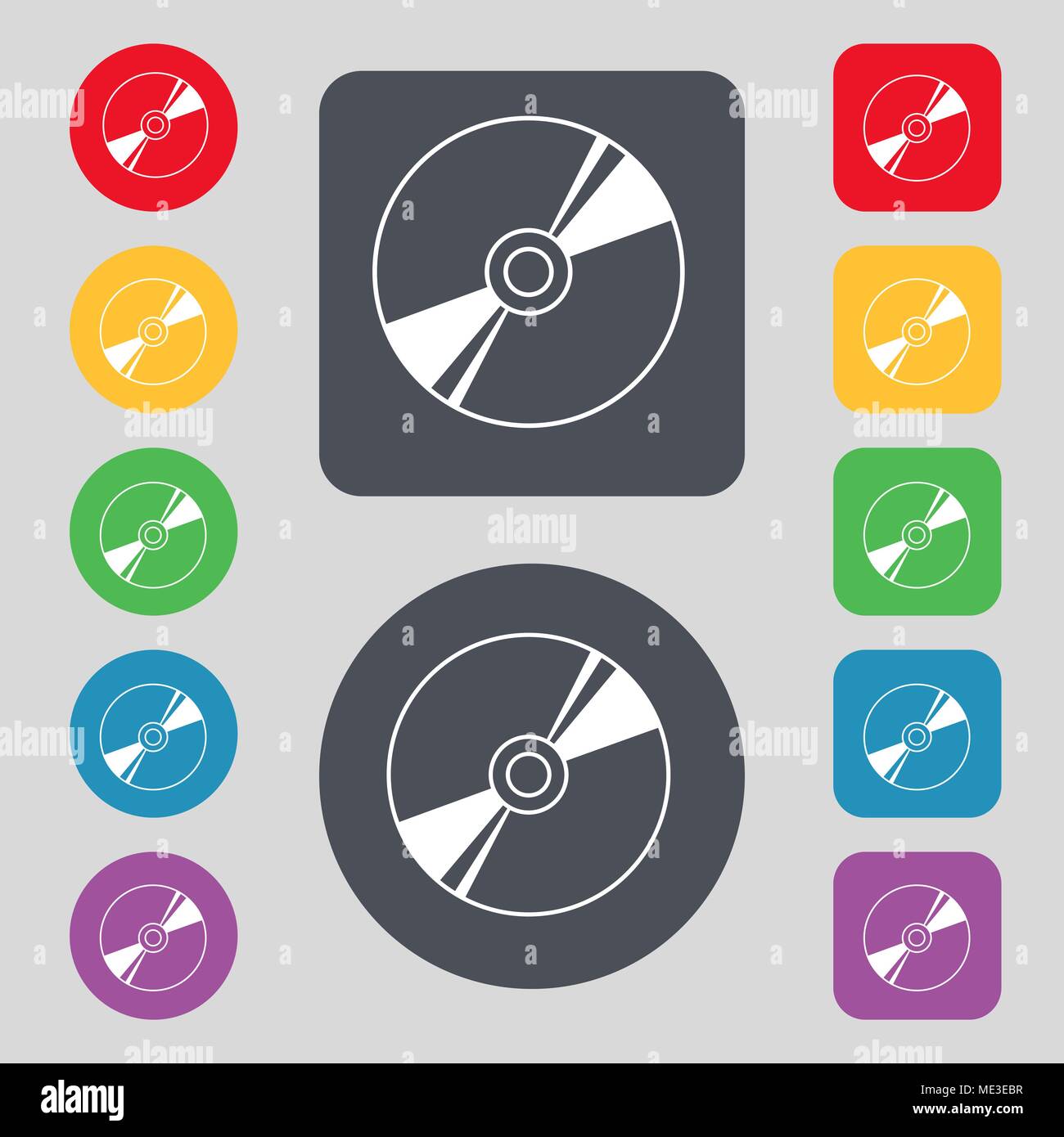 Cd, DVD, compact disk, blue ray icon sign. A set of 12 colored buttons ...