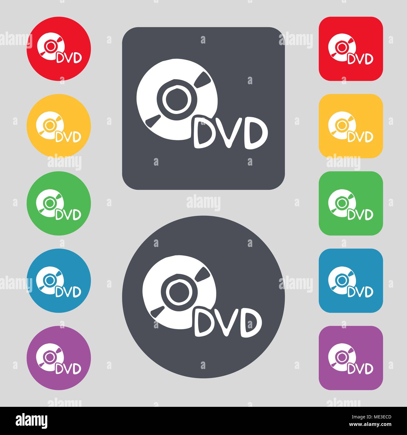 dvd icon sign. A set of 12 colored buttons. Flat design. Vector ...
