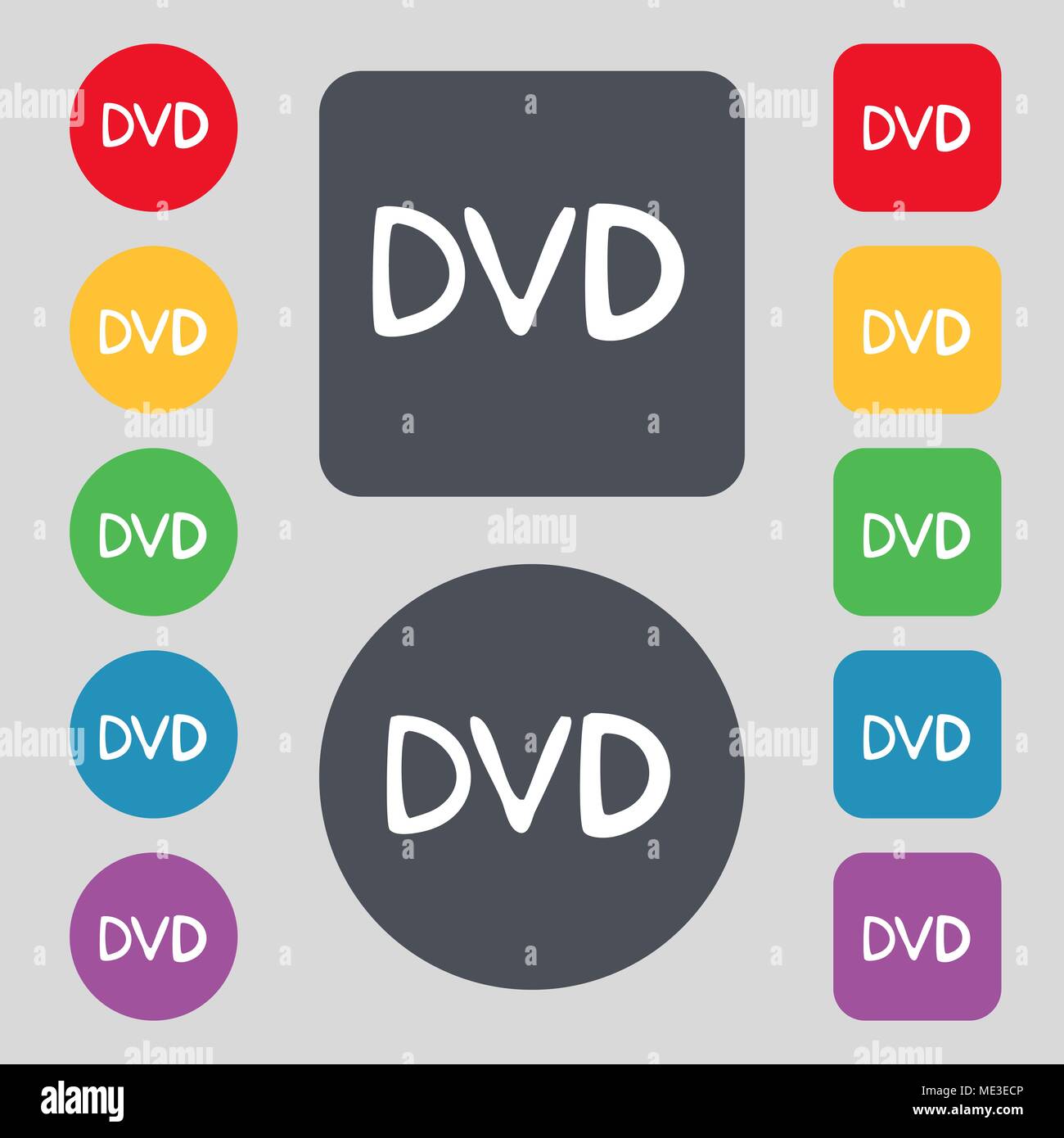 dvd icon sign. A set of 12 colored buttons. Flat design. Vector ...