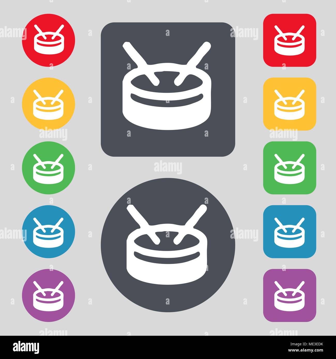 drum icon sign. A set of 12 colored buttons. Flat design. Vector ...