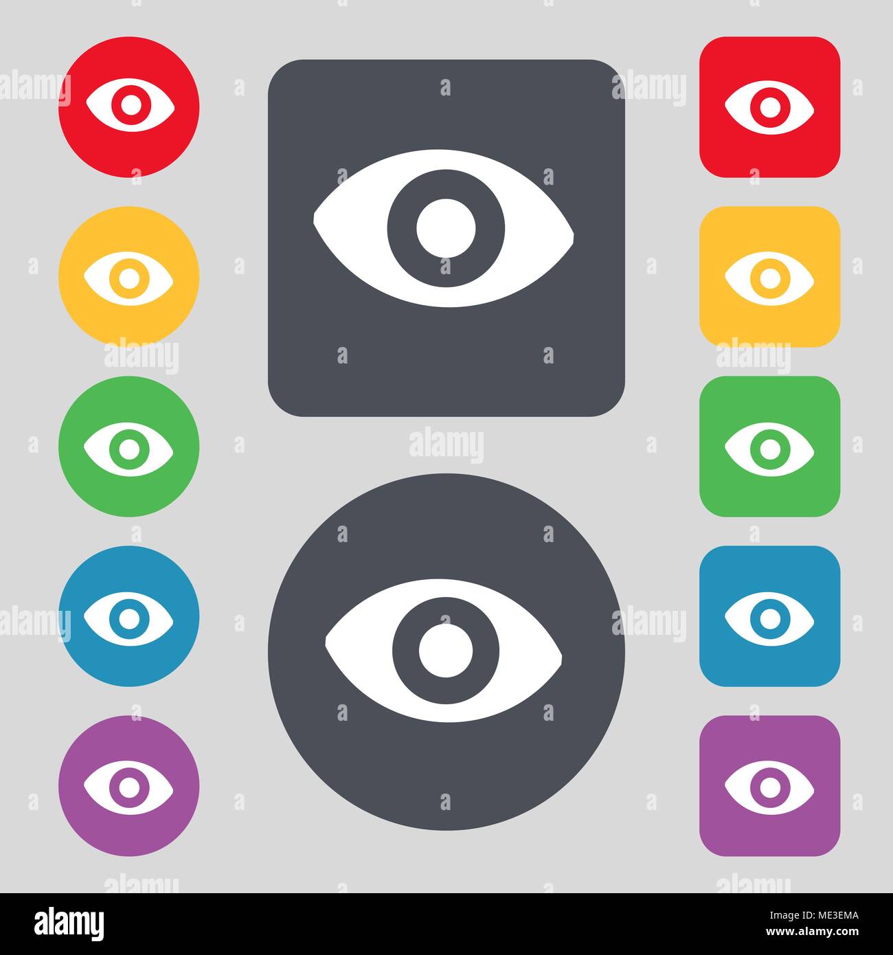 sixth sense, the eye icon sign. A set of 12 colored buttons. Flat ...