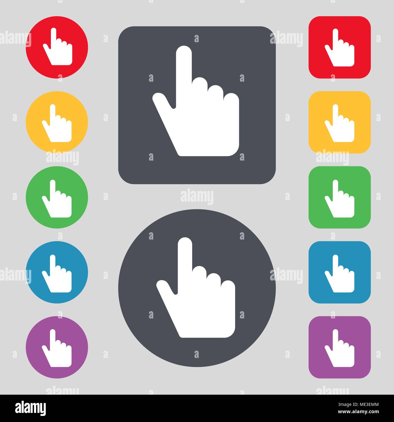 cursor icon sign. A set of 12 colored buttons. Flat design. Vector ...