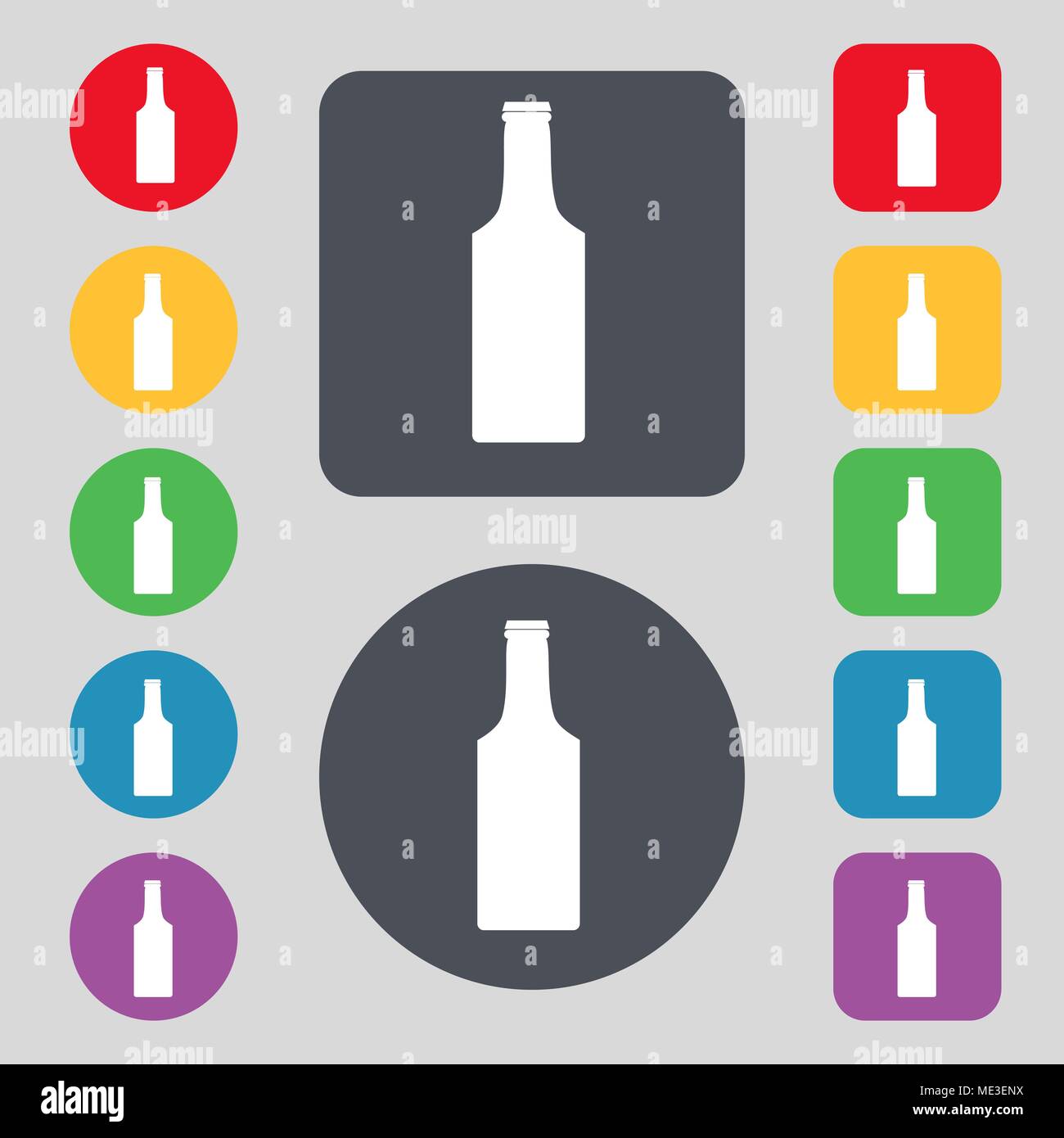 bottle icon sign. A set of 12 colored buttons. Flat design. Vector ...