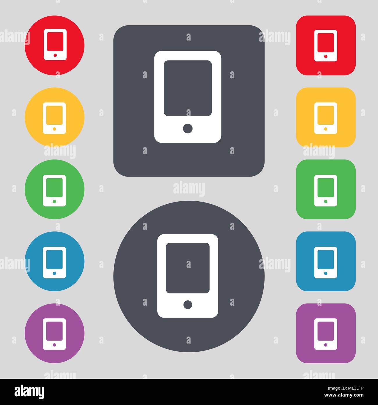 Tablet icon sign. A set of 12 colored buttons. Flat design. Vector ...