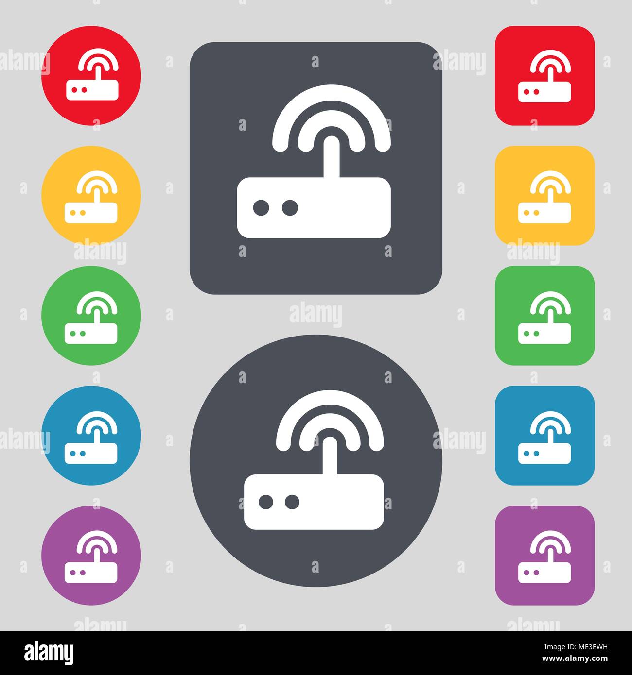 Wi fi router icon sign. A set of 12 colored buttons. Flat design ...