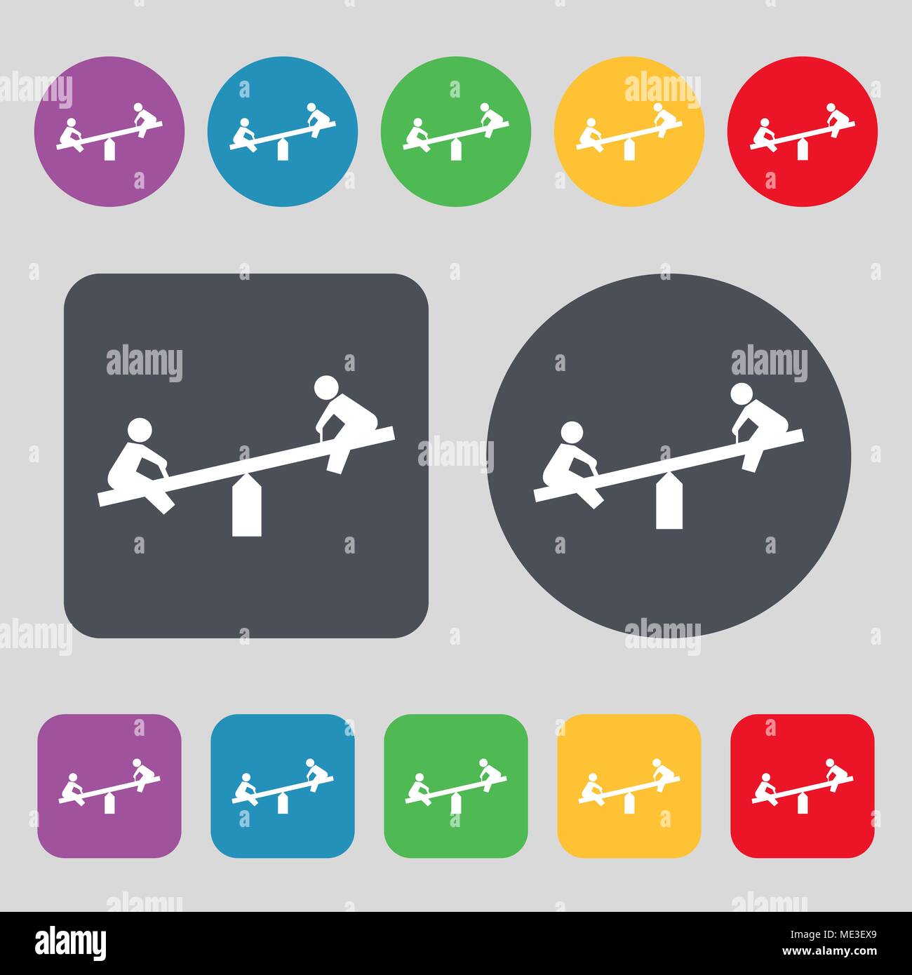 swing icon sign. A set of 12 colored buttons. Flat design. Vector ...
