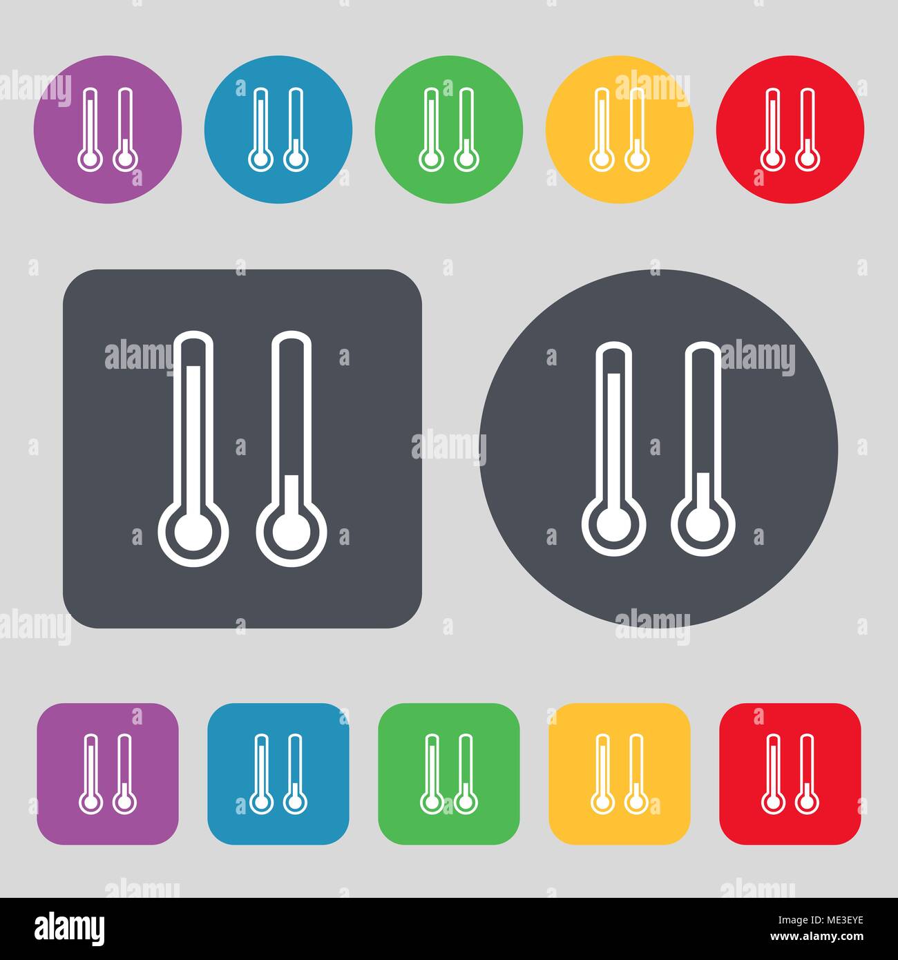 thermometer temperature icon sign. A set of 12 colored buttons. Flat ...