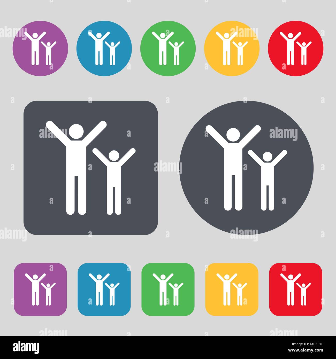 happy family icon sign. A set of 12 colored buttons. Flat design ...