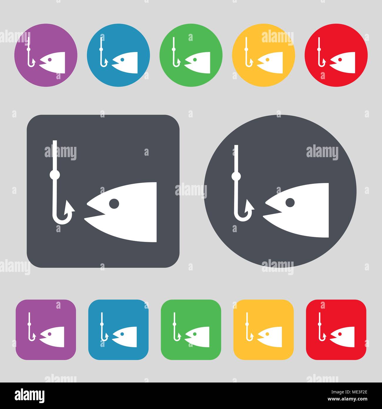 Fishing icon sign. A set of 12 colored buttons. Flat design. Vector ...