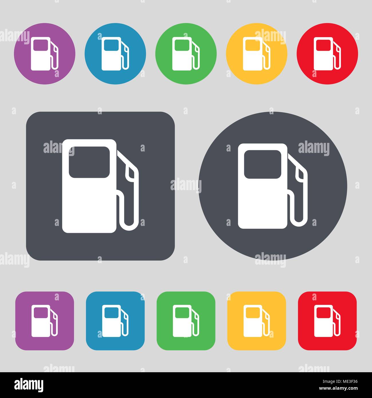 Auto gas station icon sign. A set of 12 colored buttons. Flat design ...
