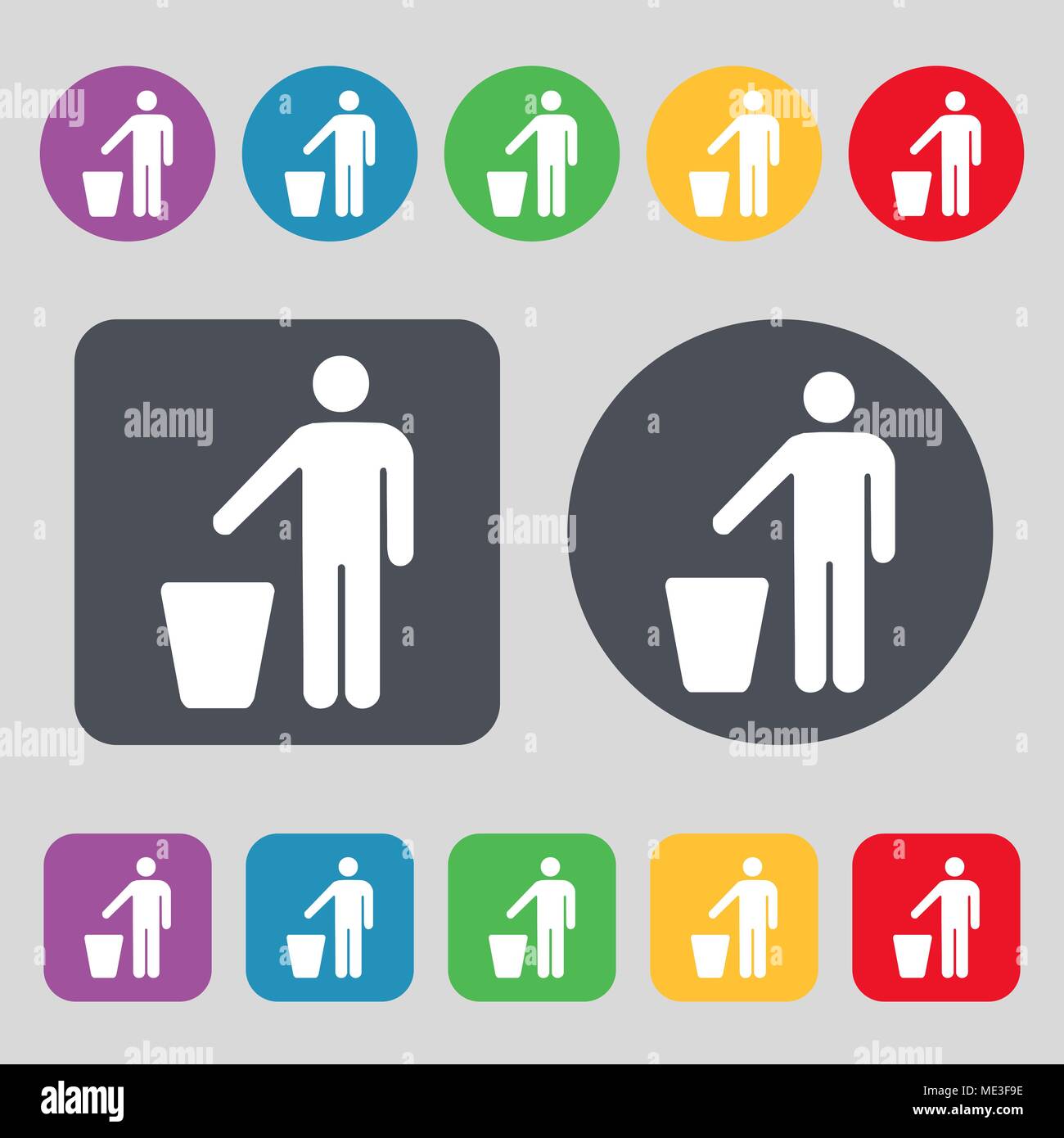 throw away the trash icon sign. A set of 12 colored buttons. Flat ...