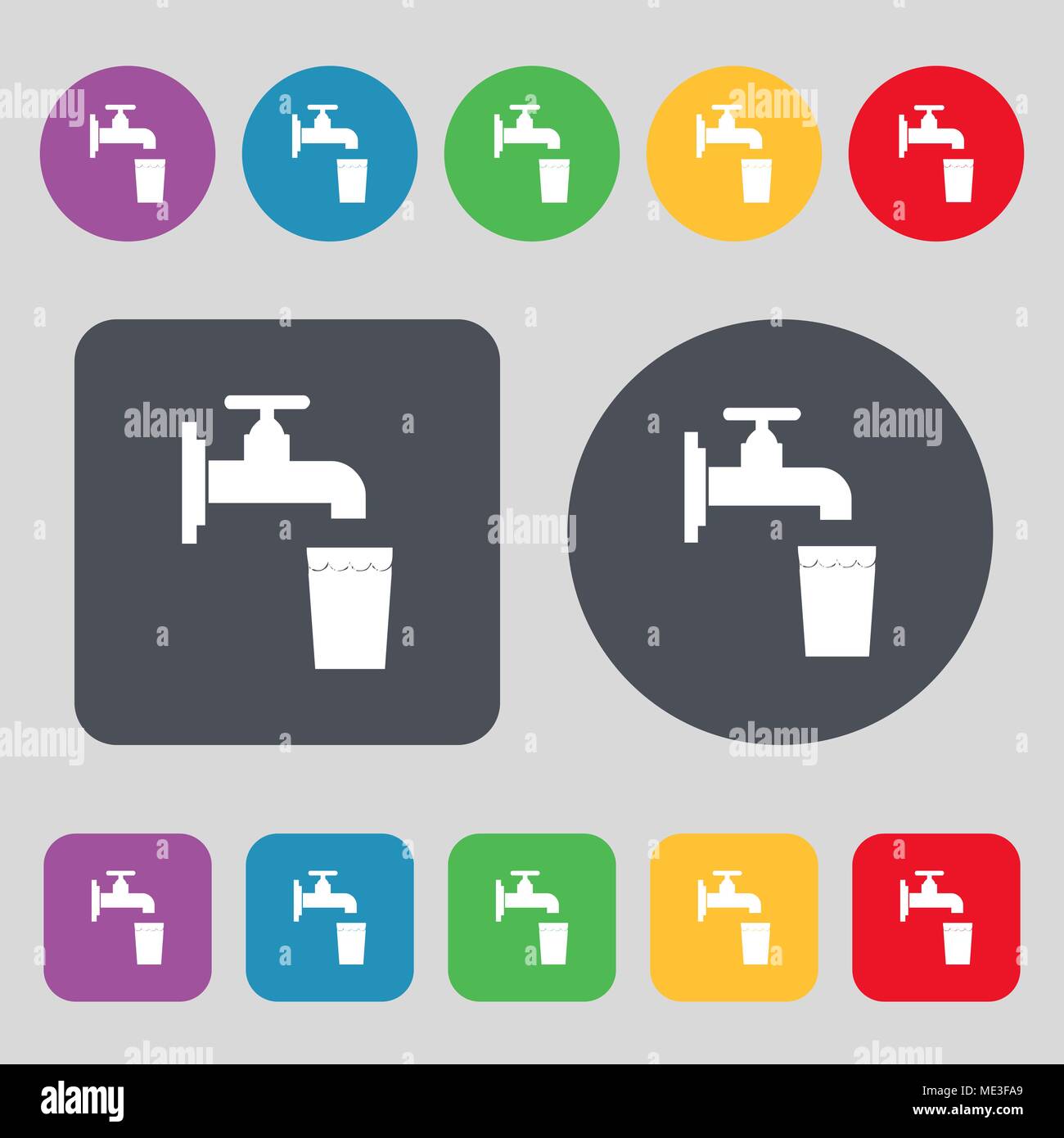 faucet, glass, water icon sign. A set of 12 colored buttons. Flat ...