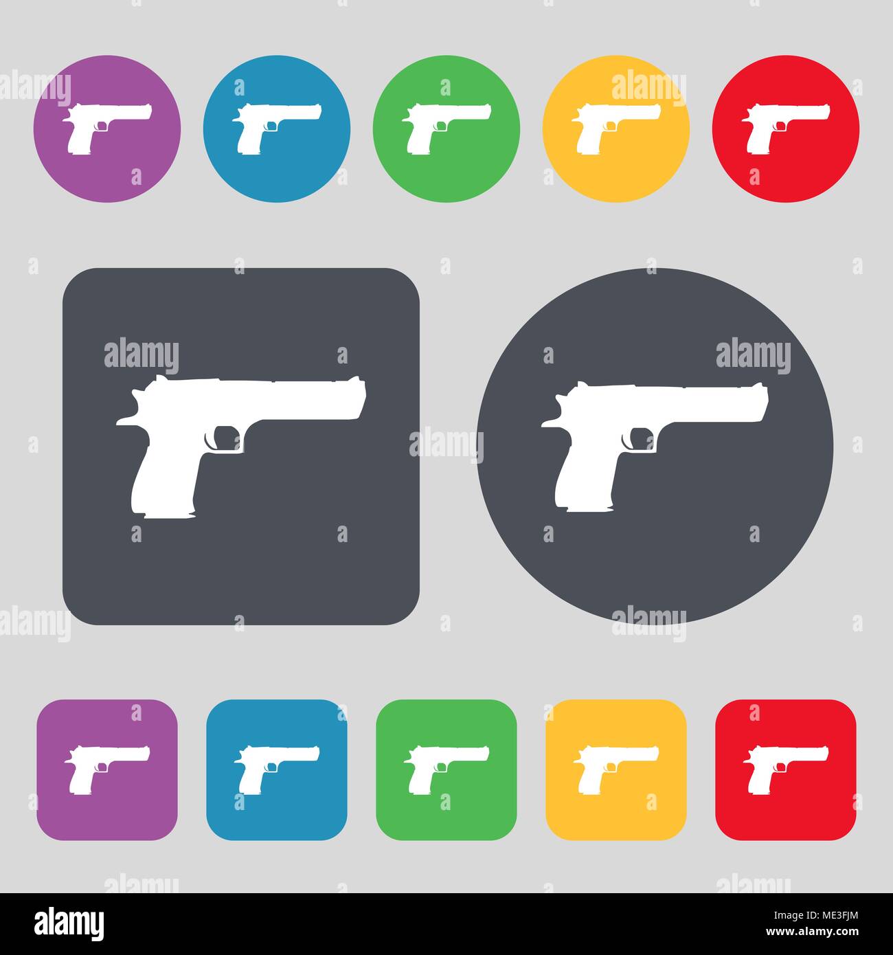 gun icon sign. A set of 12 colored buttons. Flat design. Vector ...