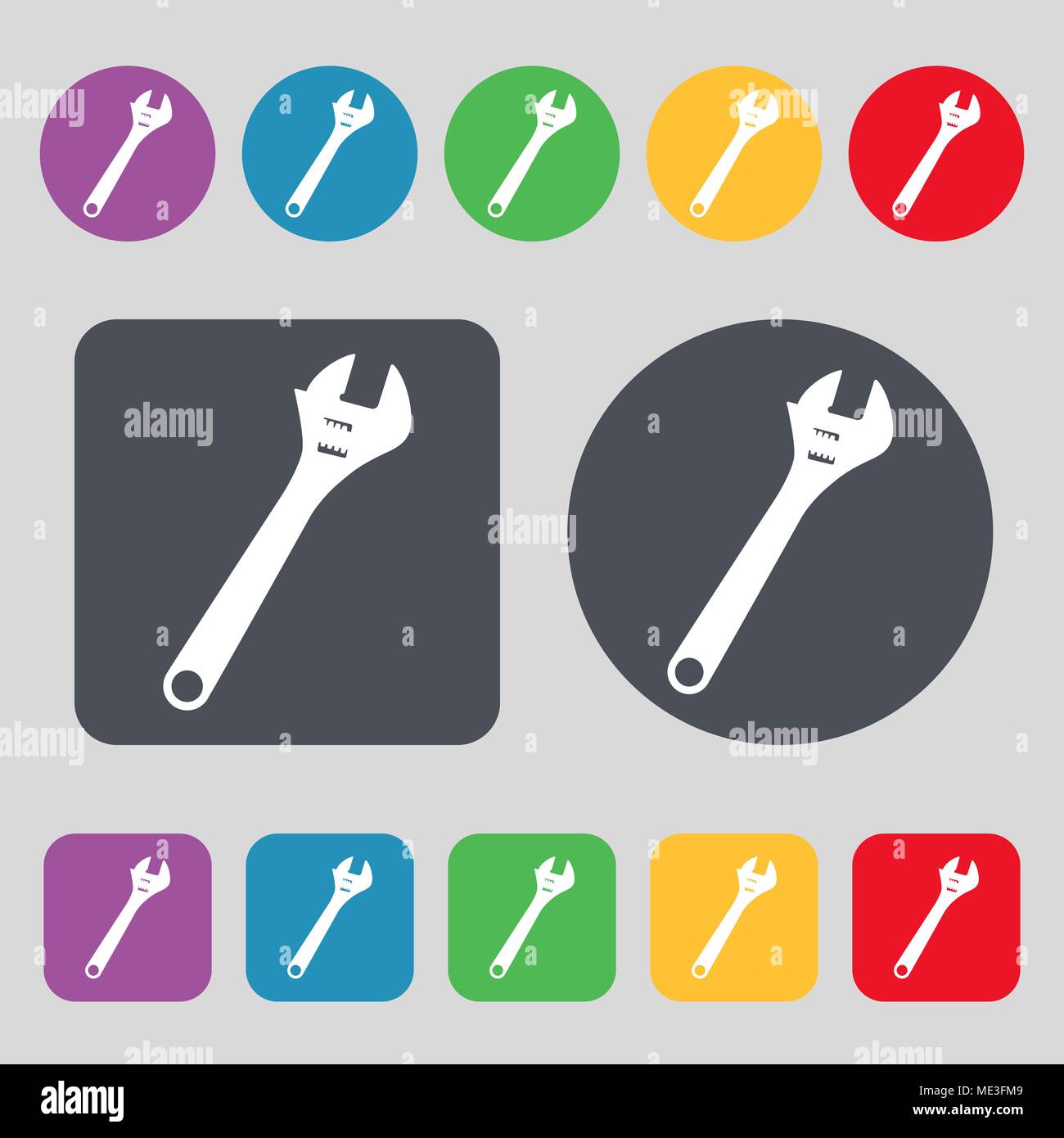 wrench icon sign. A set of 12 colored buttons. Flat design. Vector ...