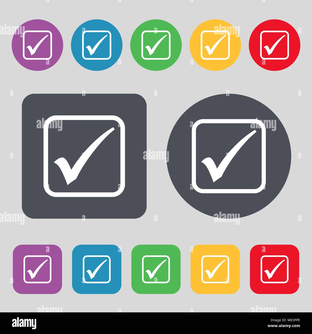 A check mark icon sign. A set of 12 colored buttons. Flat design ...