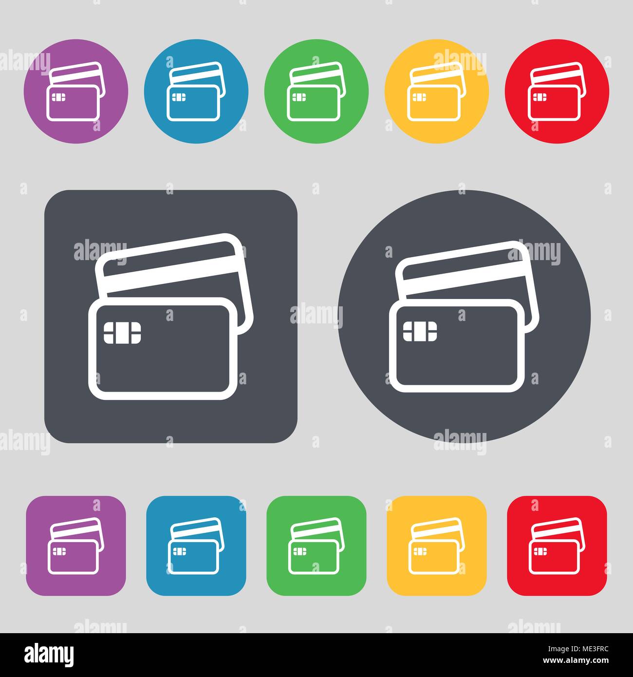 Credit card icon sign. A set of 12 colored buttons. Flat design. Vector ...