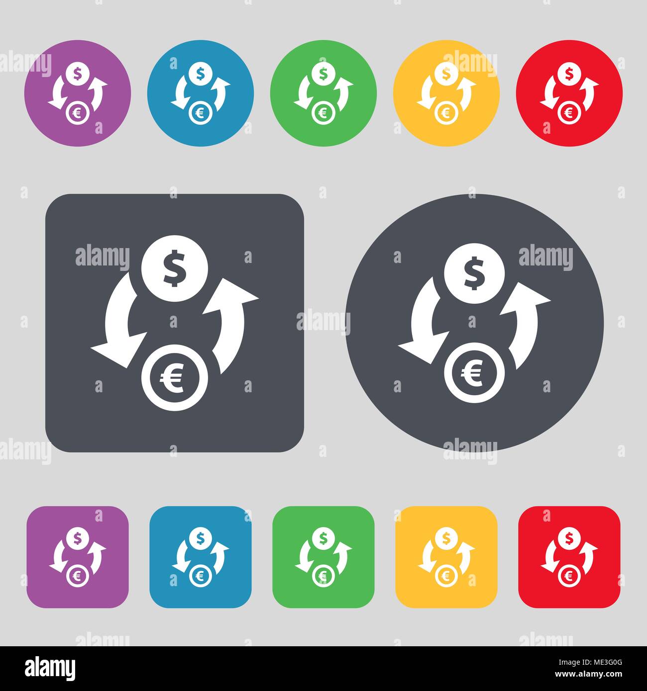 Currency exchange icon sign. A set of 12 colored buttons. Flat design ...