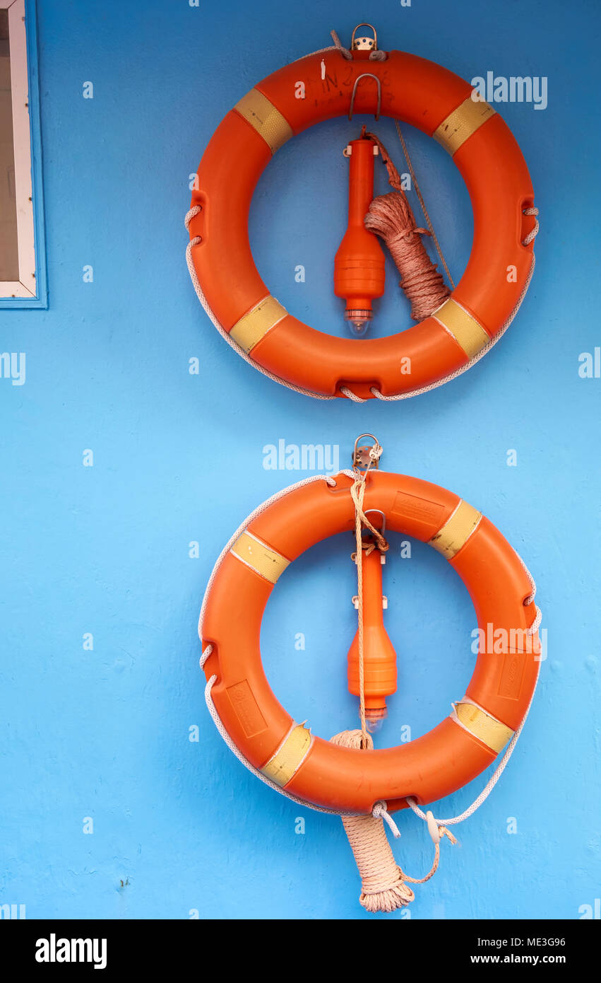 Two Lifebuoys and floating lanterns positioned on a boat Stock Photo ...