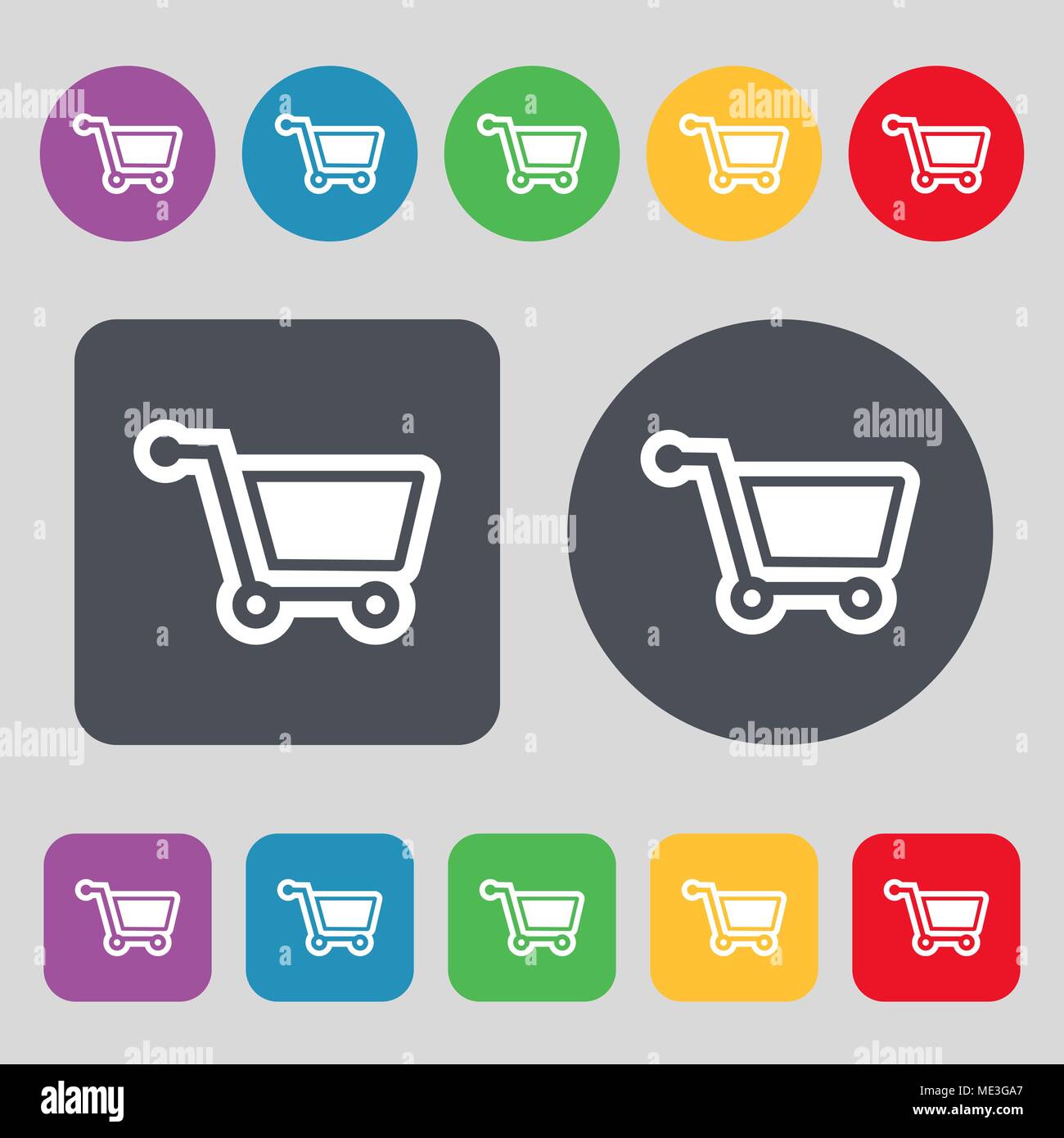 shopping cart icon sign. A set of 12 colored buttons. Flat design ...