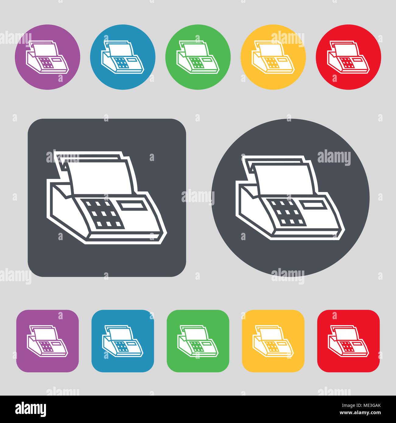 Cash register machine icon sign. A set of 12 colored buttons. Flat ...