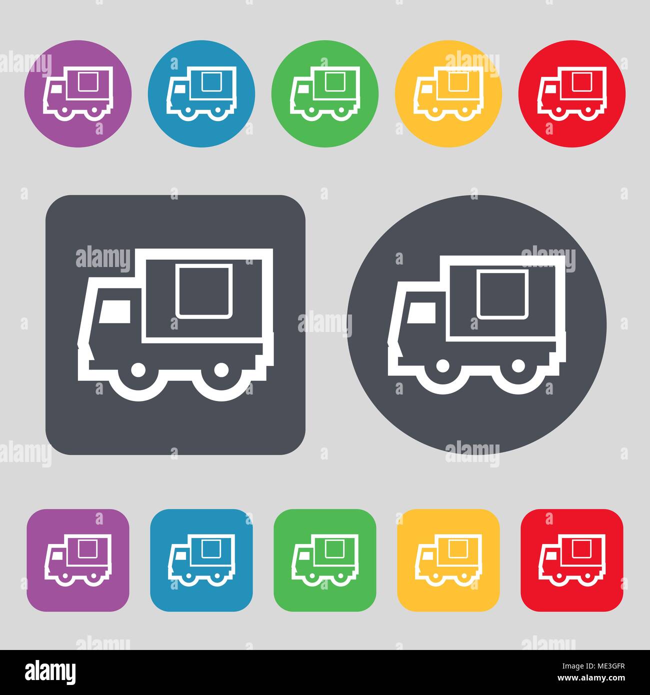 Delivery truck icon sign. A set of 12 colored buttons. Flat design ...