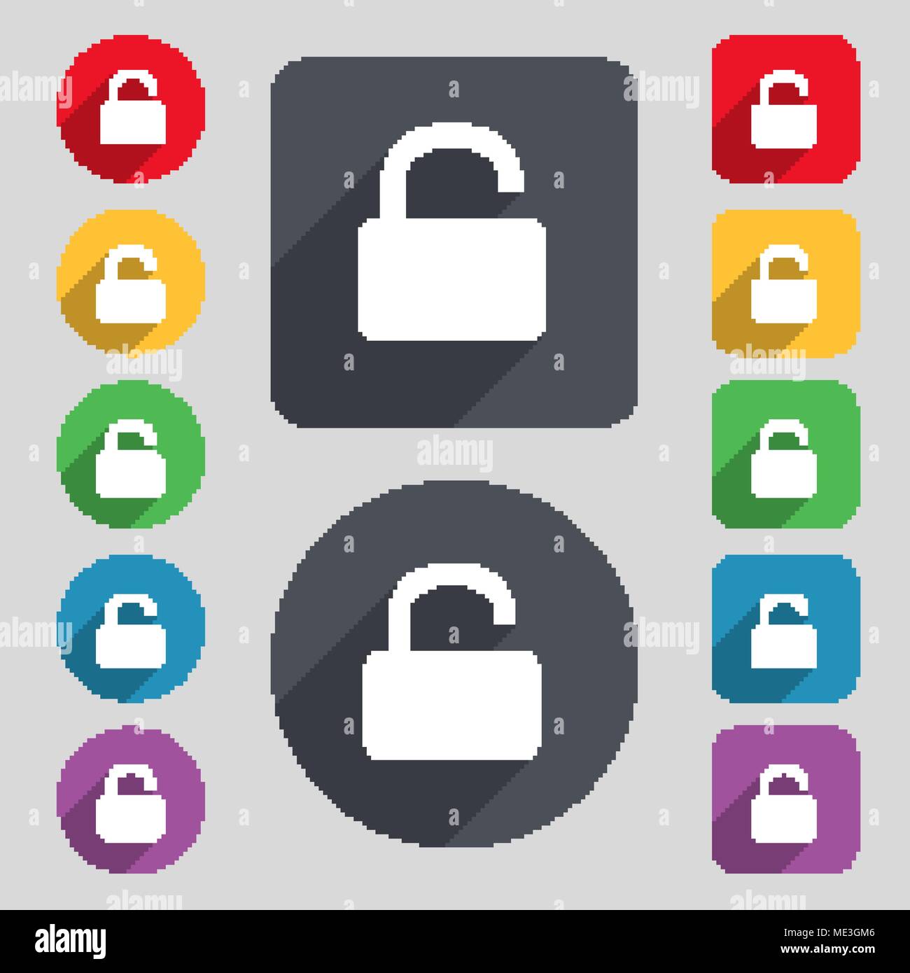 Open Padlock icon sign. A set of 12 colored buttons and a long shadow. Flat design. Vector ...
