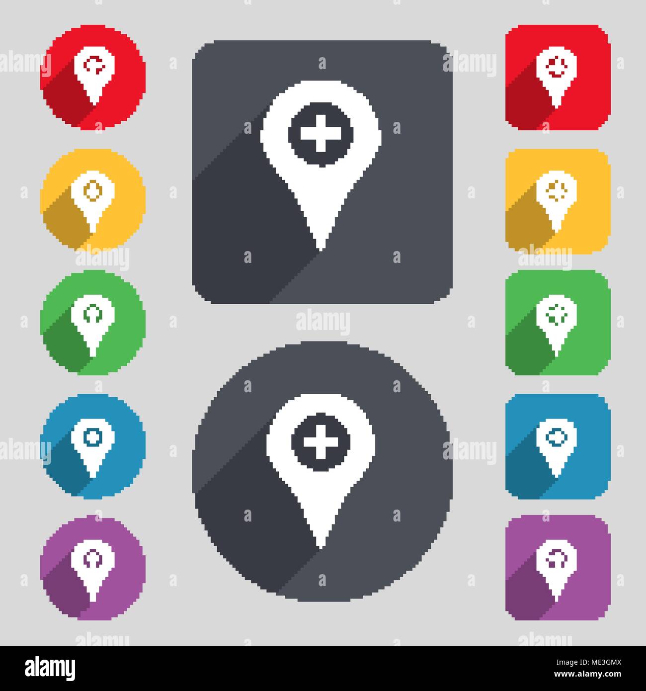 Plus Map pointer, GPS location icon sign. A set of 12 colored buttons ...