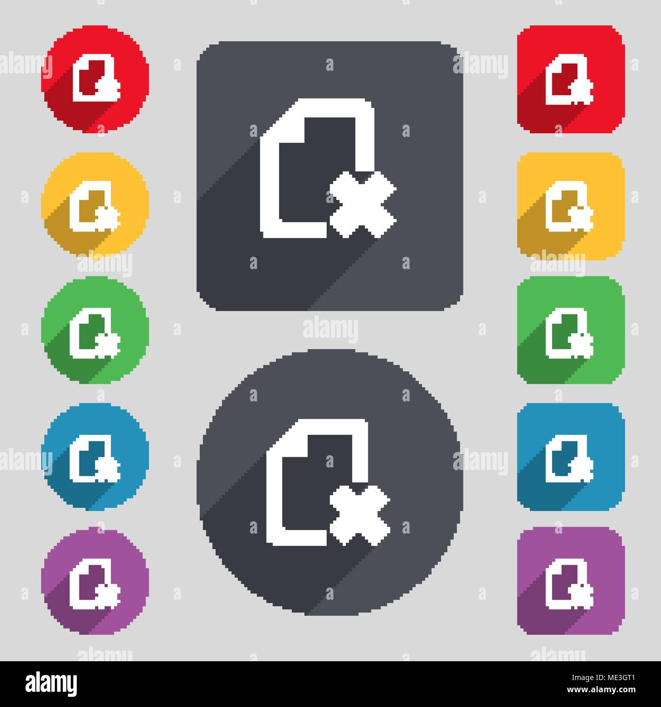 delete File document icon sign. A set of 12 colored buttons and a long shadow. Flat design ...