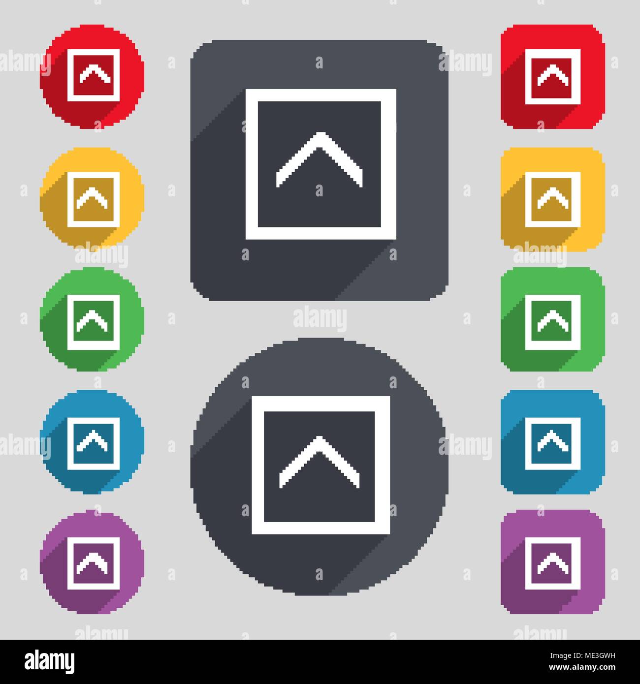 Direction arrow up icon sign. A set of 12 colored buttons and a long ...