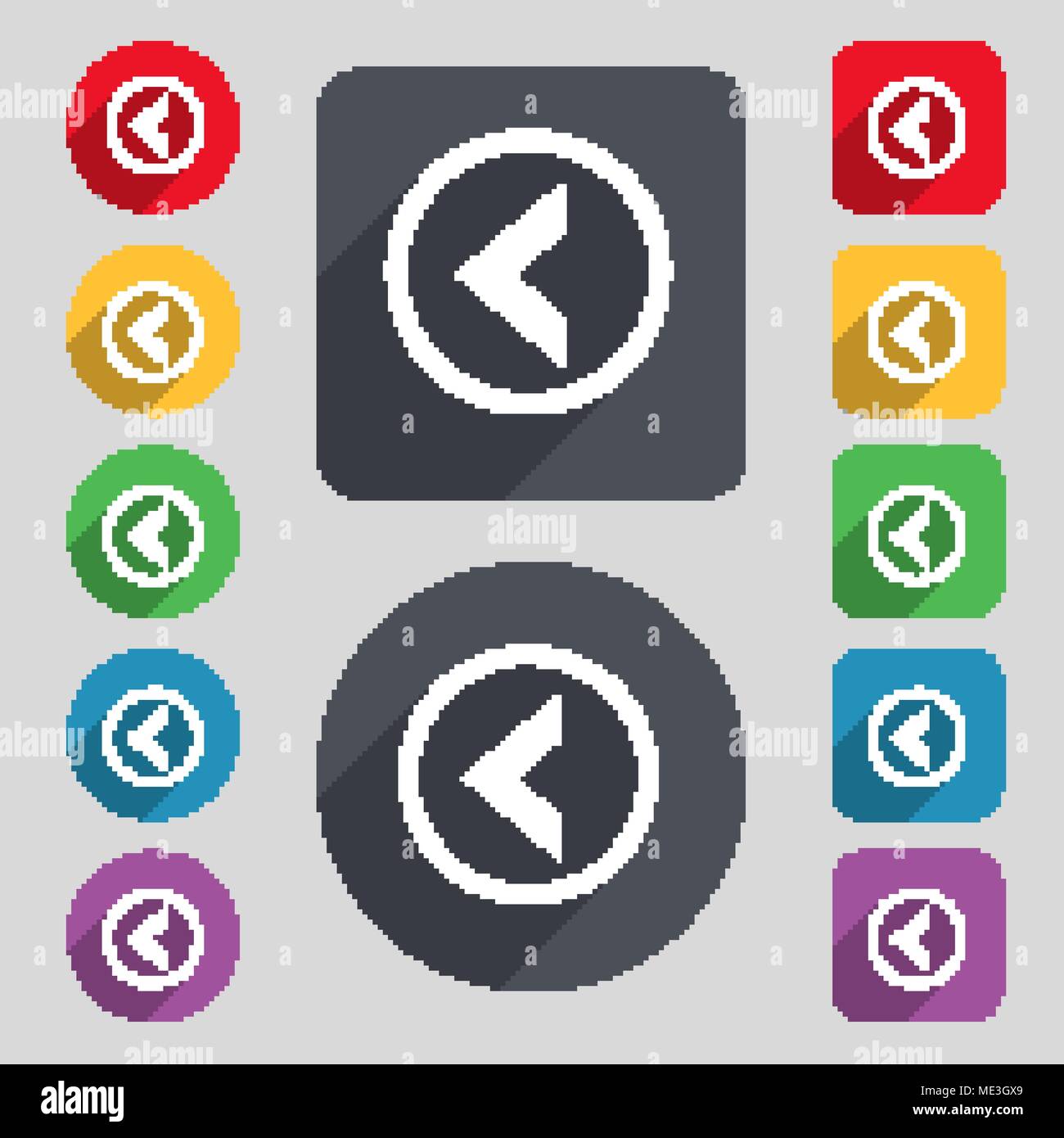 Arrow left, Way out icon sign. A set of 12 colored buttons and a long ...