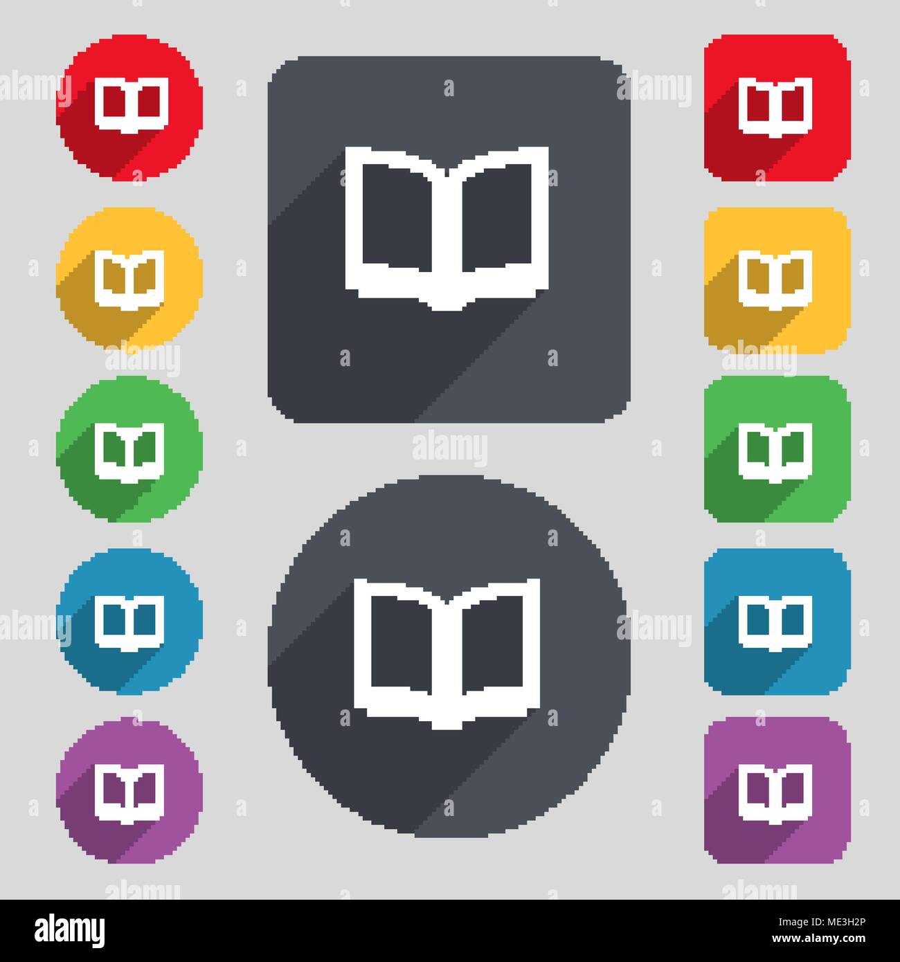 Open book icon sign. A set of 12 colored buttons and a long shadow ...